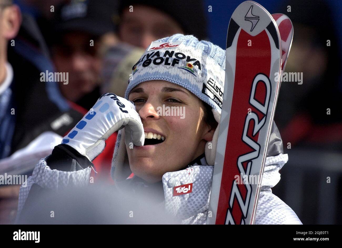 Michaela Dorfmeister of Austria realizes she is winning the women's ...