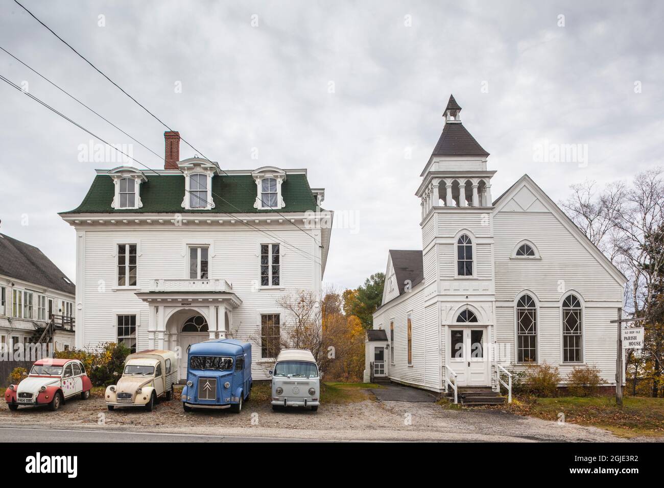 USA, Maine, Deer Isle, antique French cars with antique VW van Stock ...
