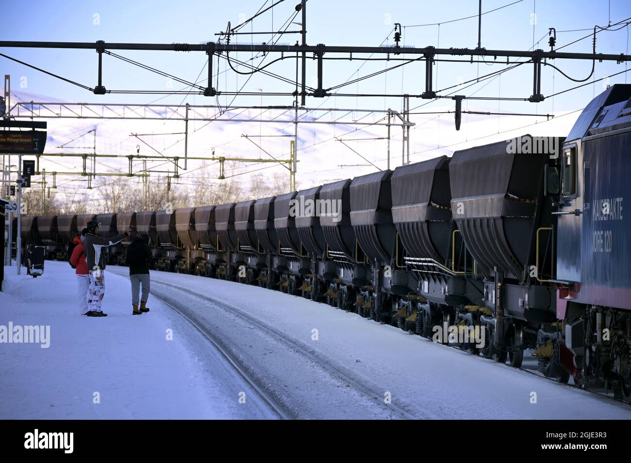 An iron ore freight train from LKAB on the way from Narvik to Lulea at ...