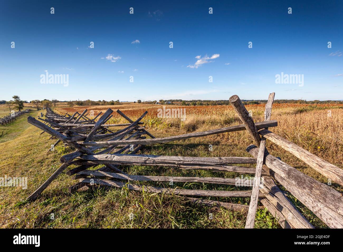 A split-rail fence boarders a farm field at Antetum battlefield Stock ...
