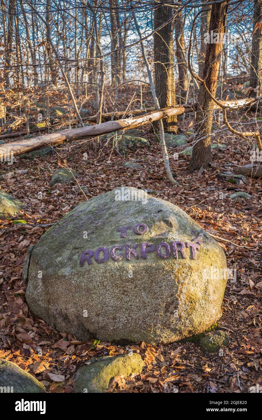 USA, Massachusetts, Cape Ann, Gloucester. Dogtown Commons, carved sign ...