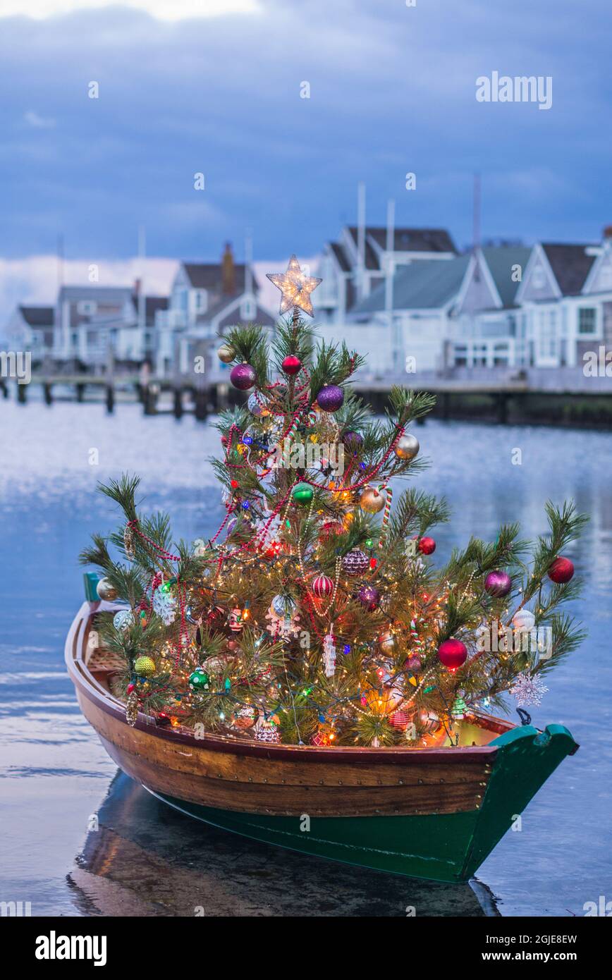 USA, Massachusetts, Nantucket Island. Nantucket Town, small dory with ...