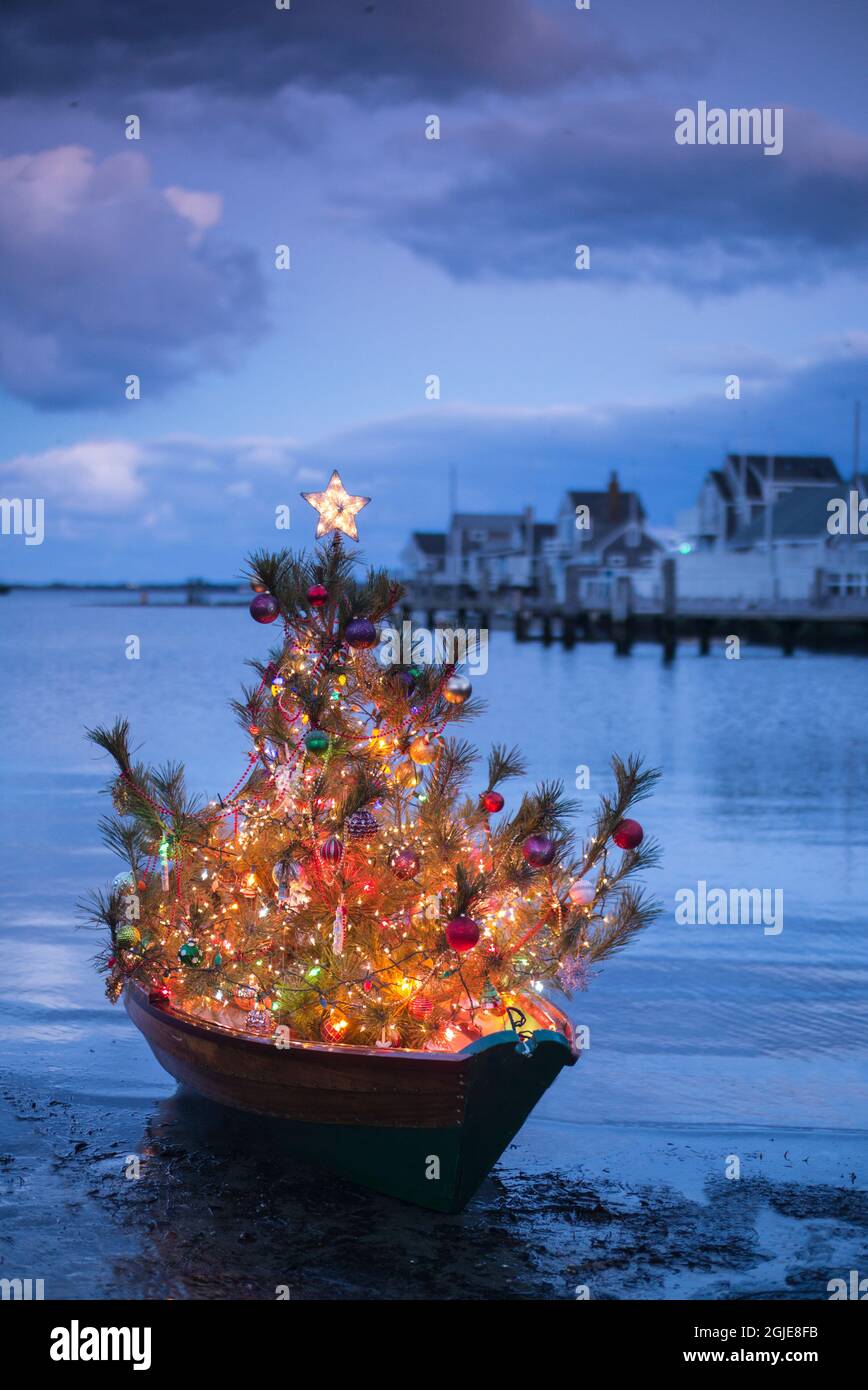 USA, Massachusetts, Nantucket Island. Nantucket Town, small dory with ...