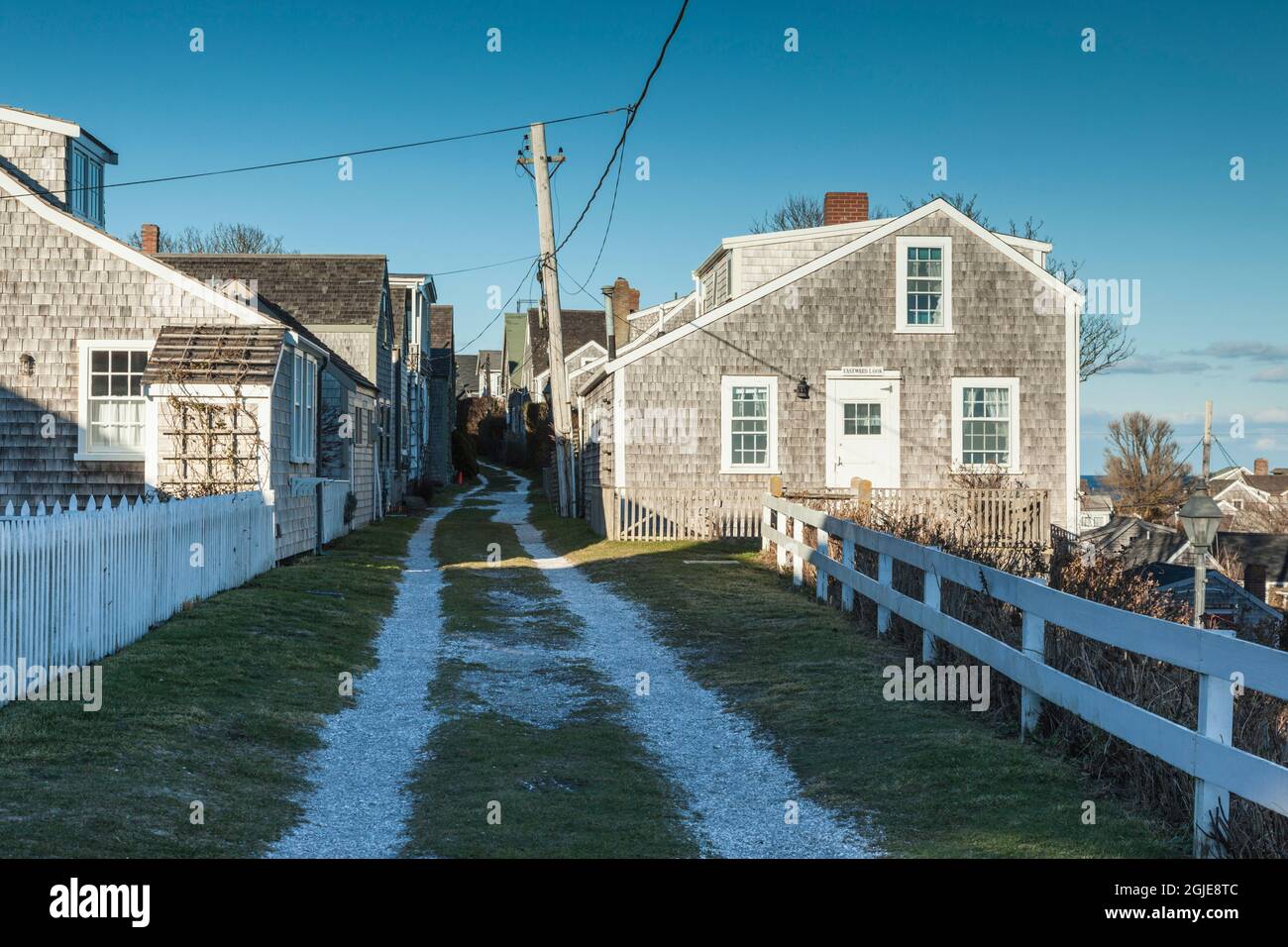 USA, Massachusetts, Nantucket Island. Siasconset, village cottages ...