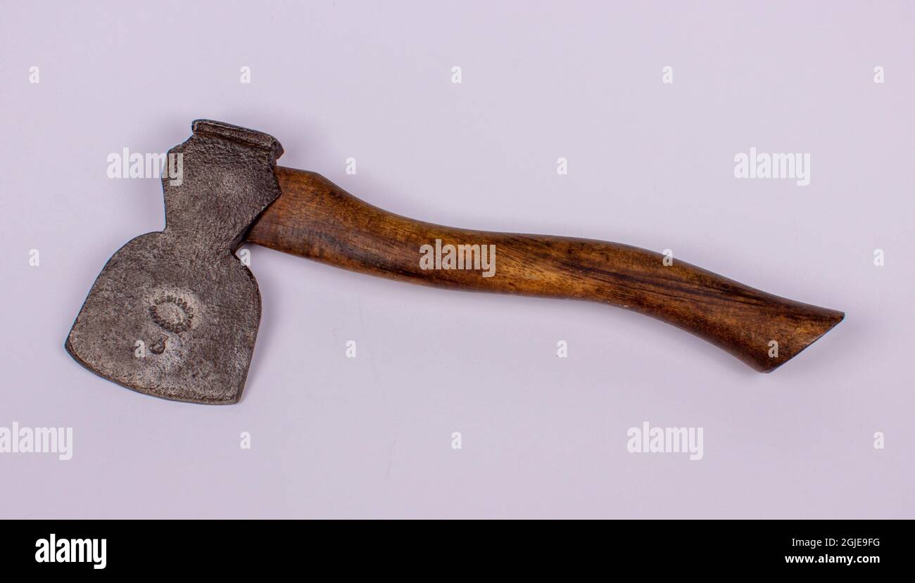 Top view of an old used metal rusty sharp axe on a white surface Stock ...