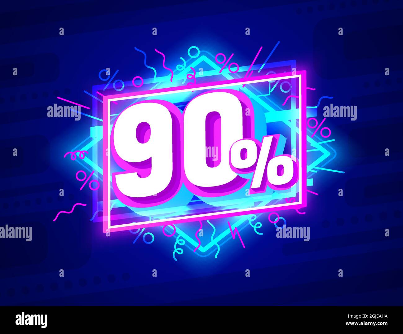Cyber 90 off sale banner, light neon flyer, retro label. Vector ...