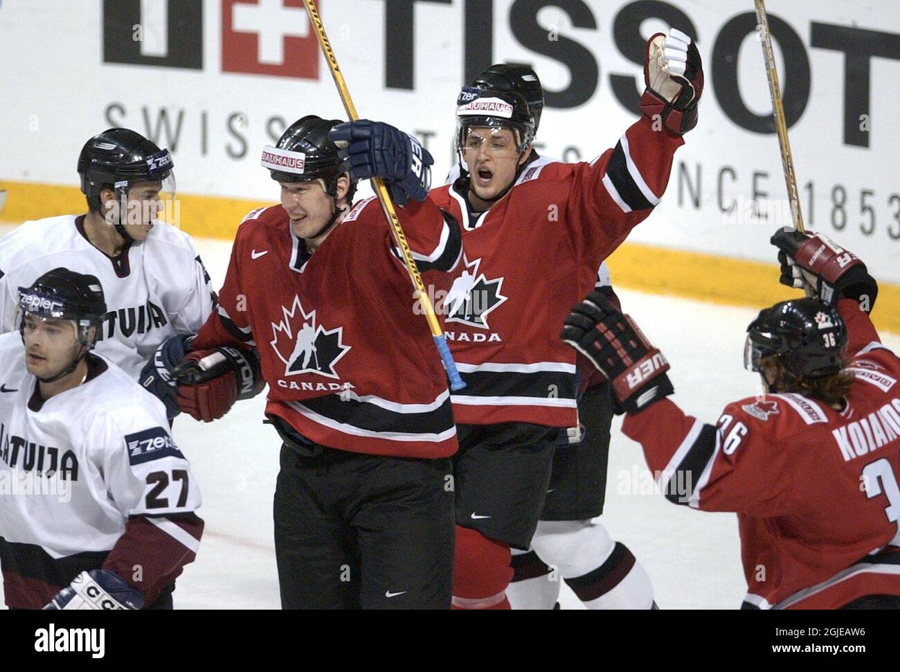 Canada's Cory Cross (l) and Shawn Horcoff (r) celebrate a goal Stock ...