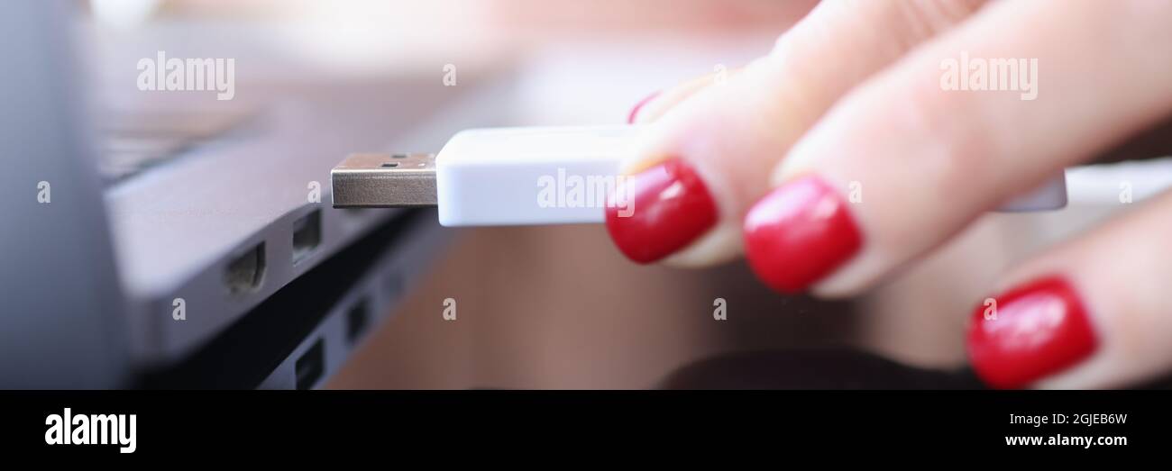 Female hand inserts USB flash drive into laptop connector Stock Photo ...