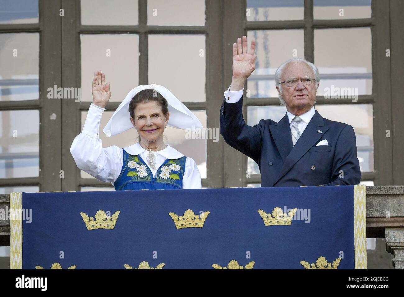 STOCKHOLM 20210606 Sweden's Queen Silvia, wearing a national dress, and ...