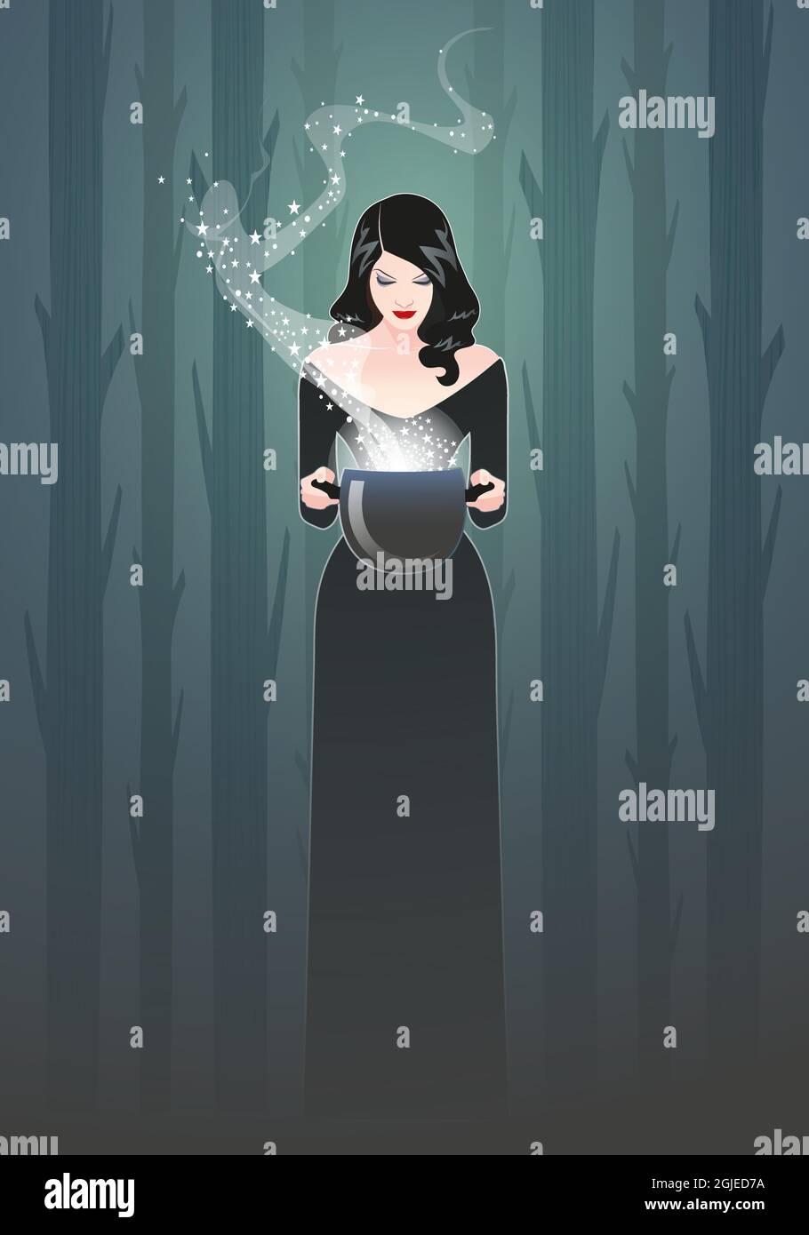 Beautiful retro styled woman holding a magic cauldron. Witch casting a ...