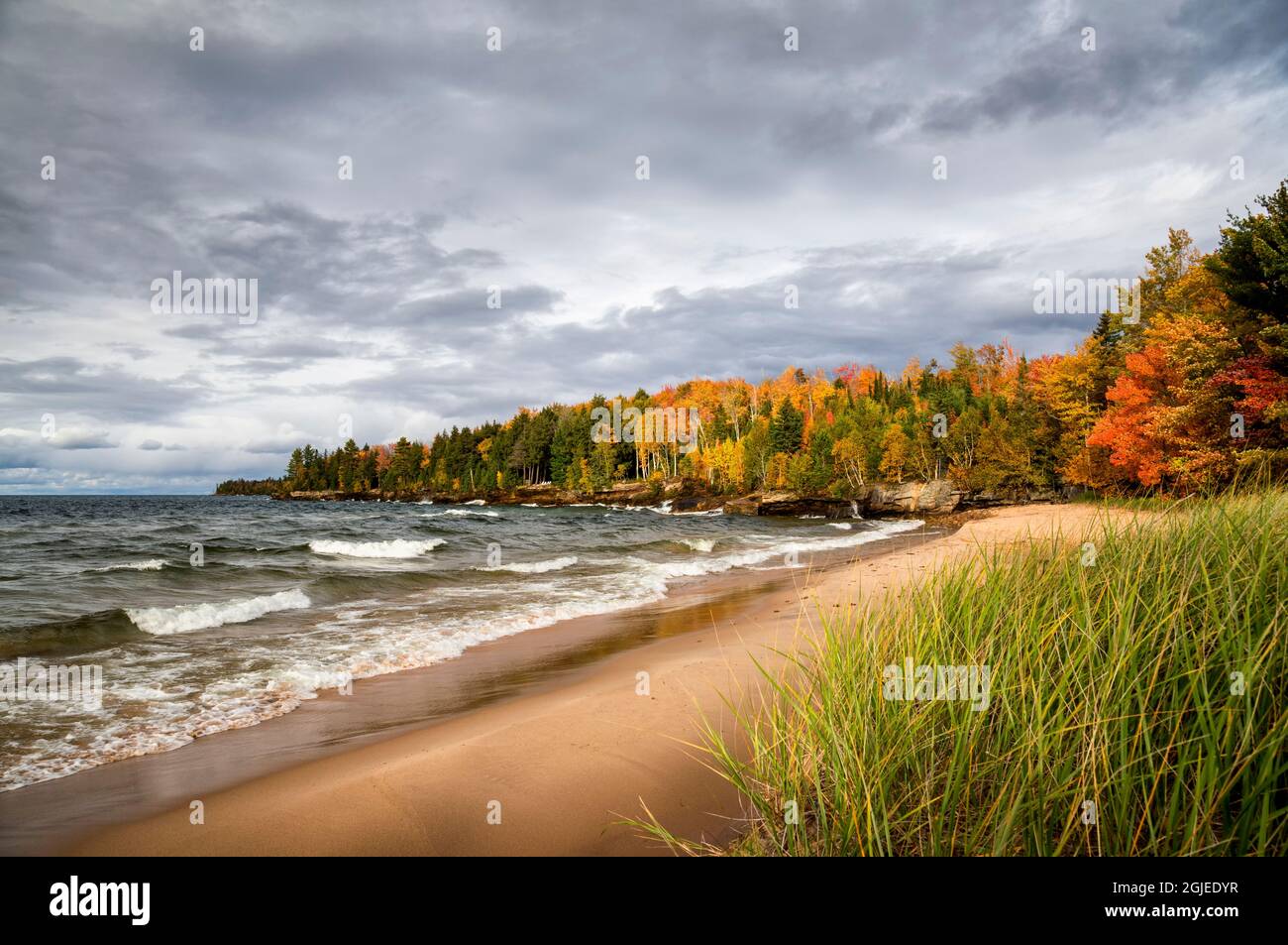 USA, Michigan, Upper Peninsula, Munising, Autumn at Au Train Bay and ...
