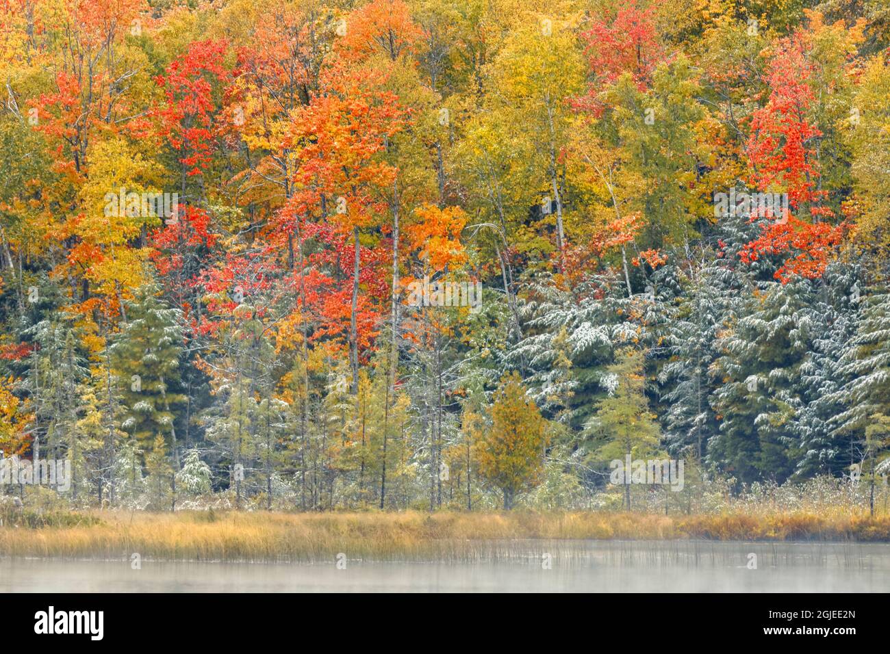 Light dusting of snow and fall colors along shoreline of Council Lake ...
