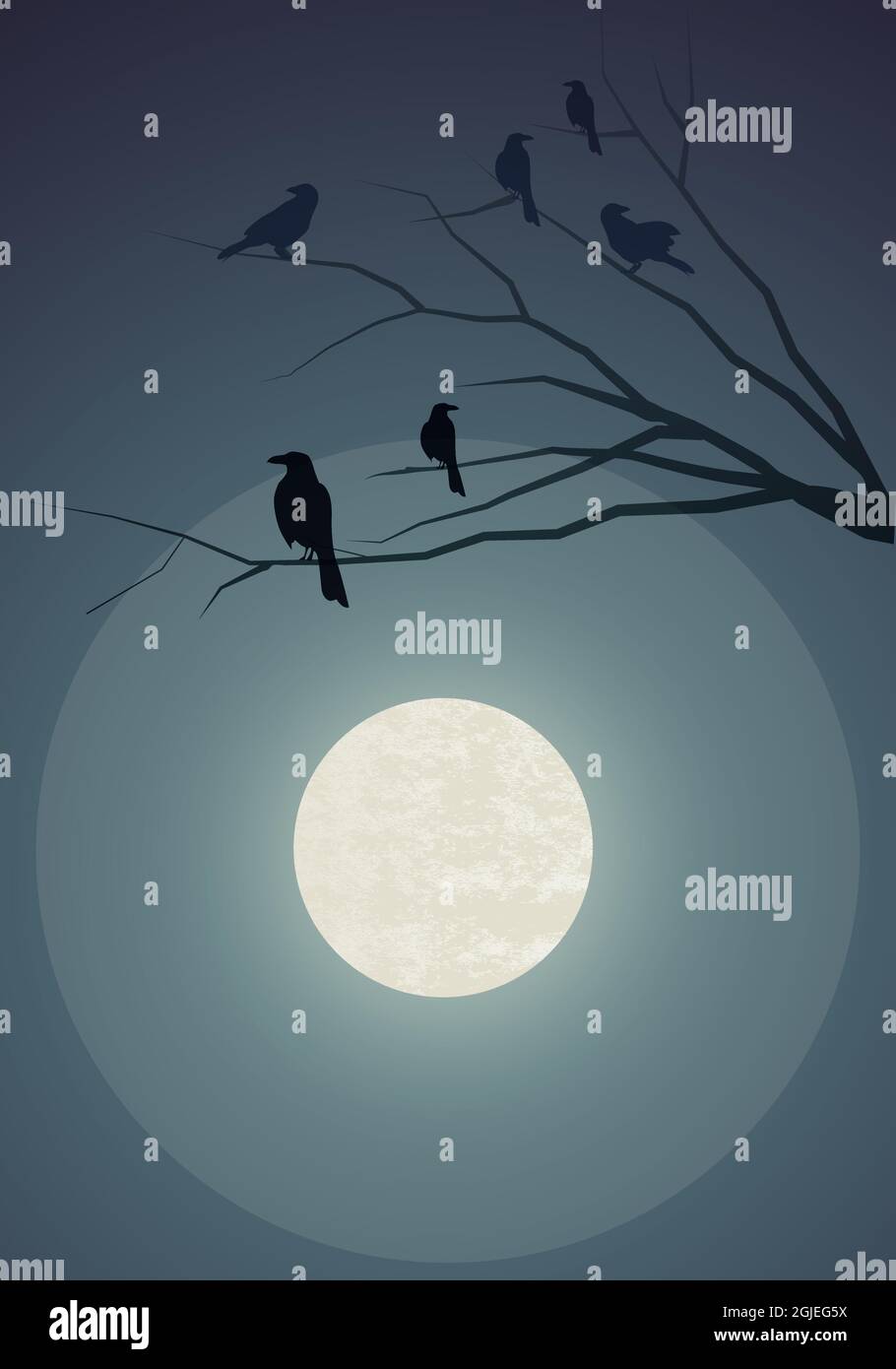 Silhouettes of crows on tree branches and the full moon in the ...