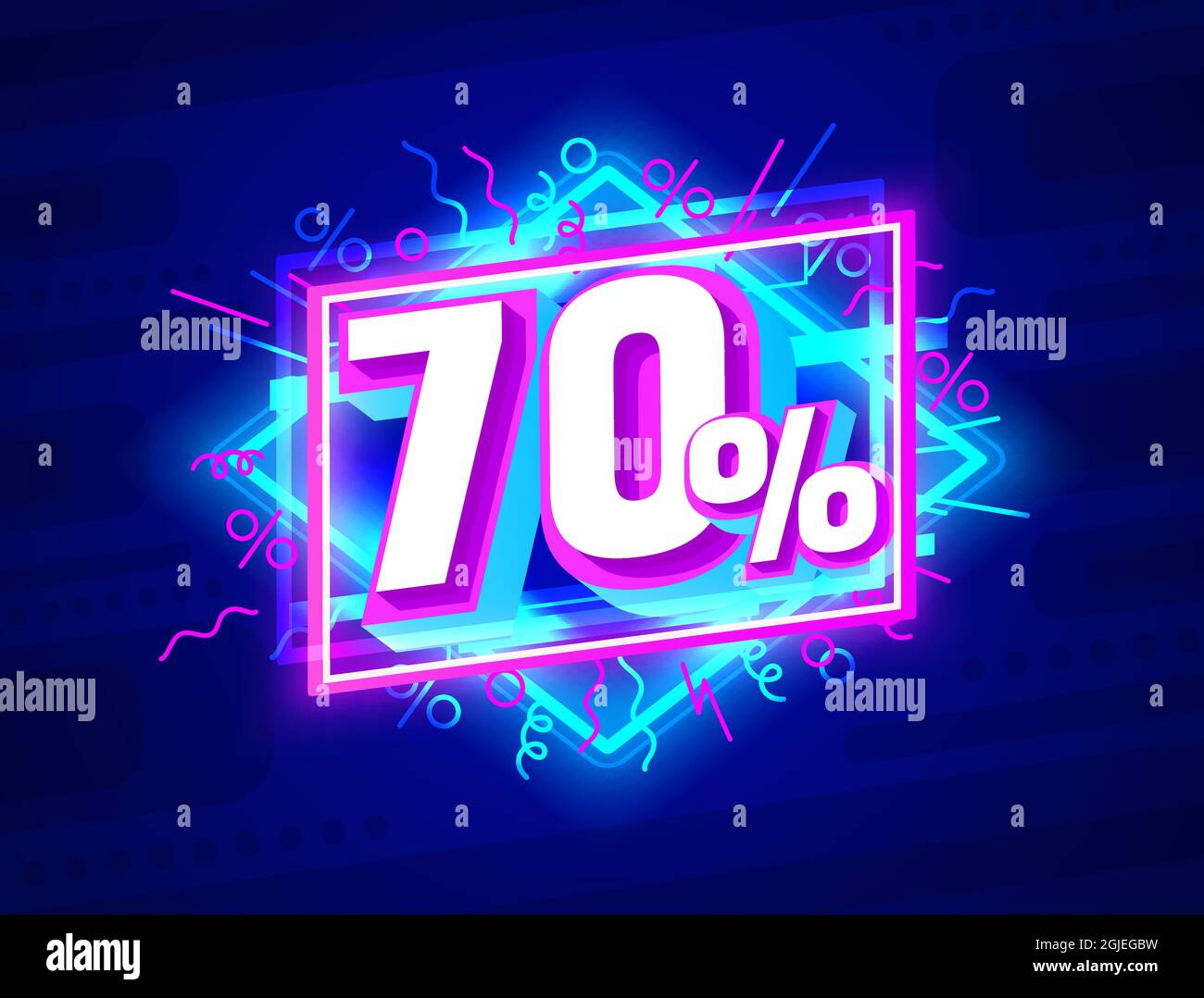 Cyber 70 off sale banner, light neon flyer, retro label. Vector ...