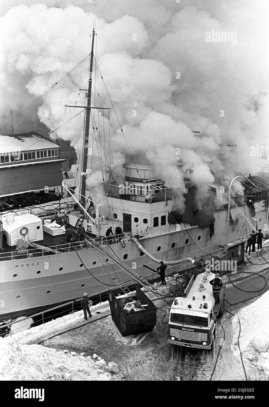 A general view of the Norwegian Royal Ship on fire Stock Photo - Alamy
