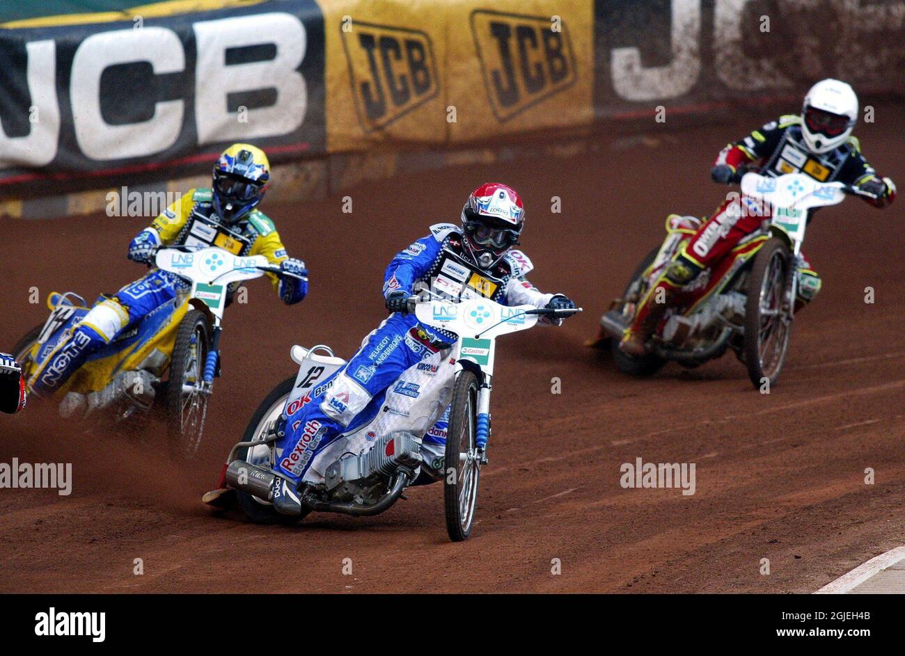 Denmark's Nicki Pedersen (front) and Greg Hancock, USA, in action ...