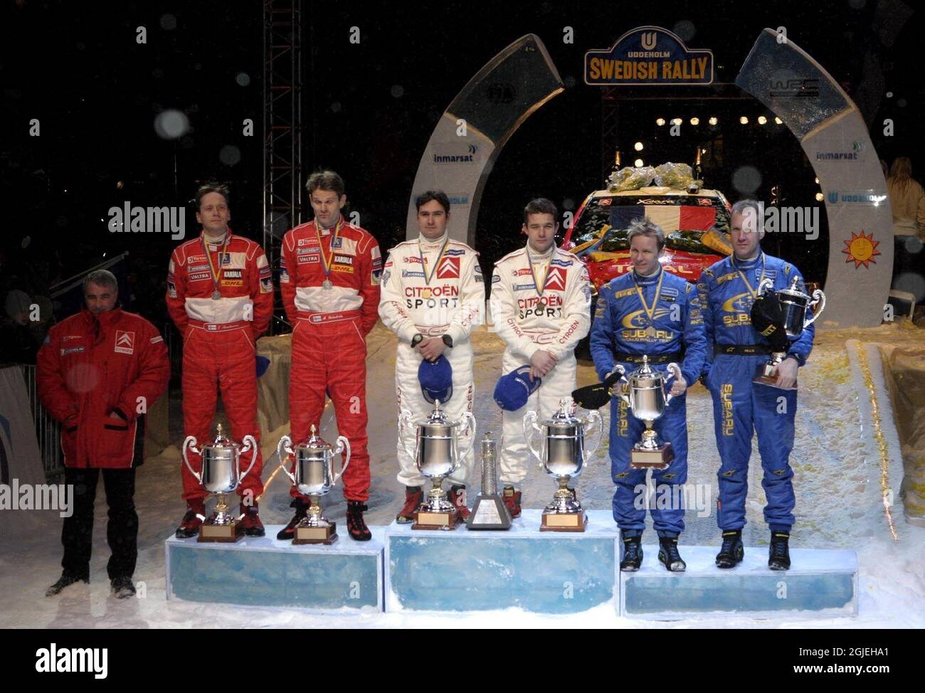 Swedish Rally winner Sebastian Loeb and co-pilot Daniel Elena, Citroen, together with second ...