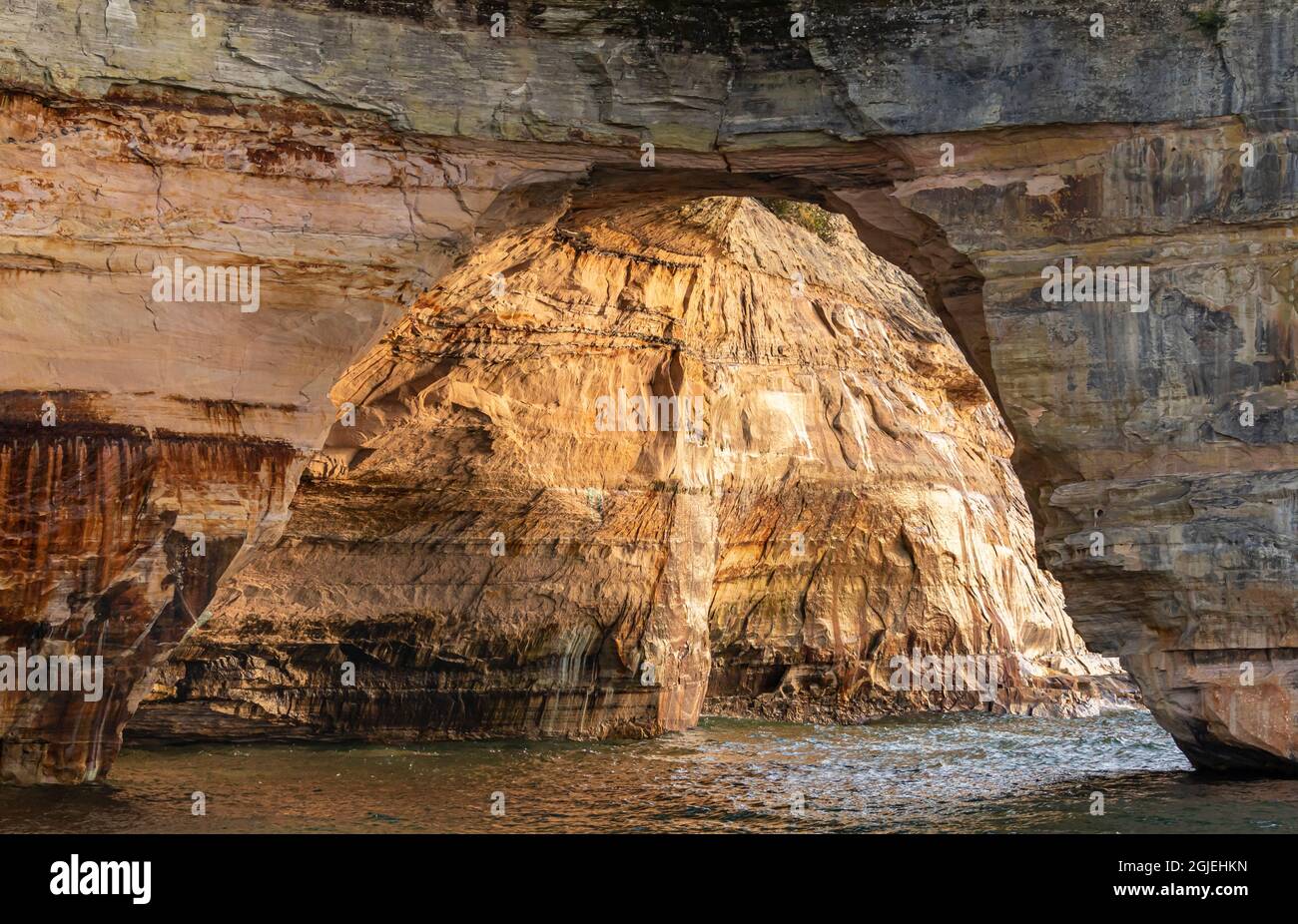 Michigan, Upper Peninsula, Lake Superior. Mineral oxidation stains and ...