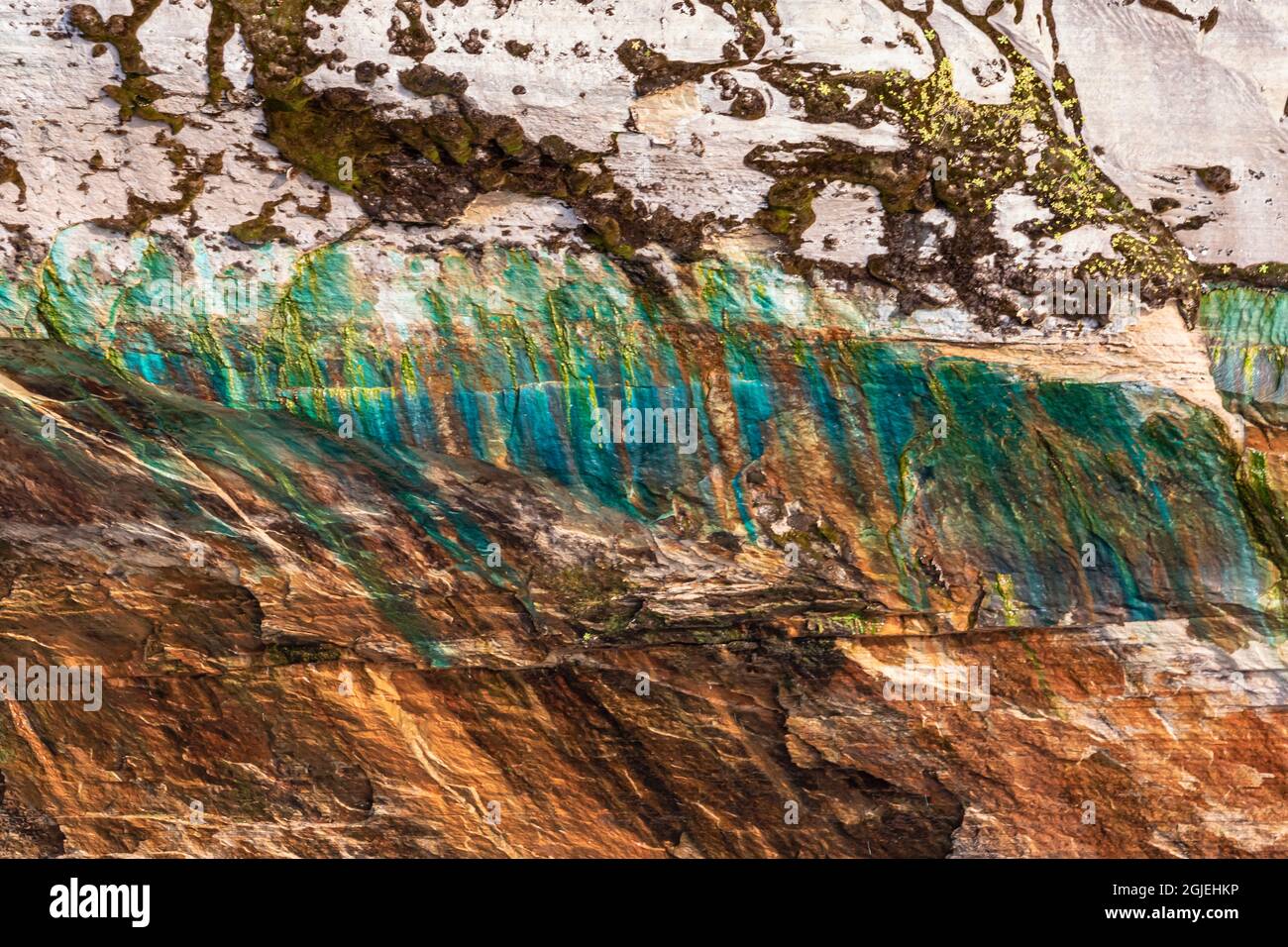 Michigan, Upper Peninsula, Lake Superior. Mineral oxidation stains at ...