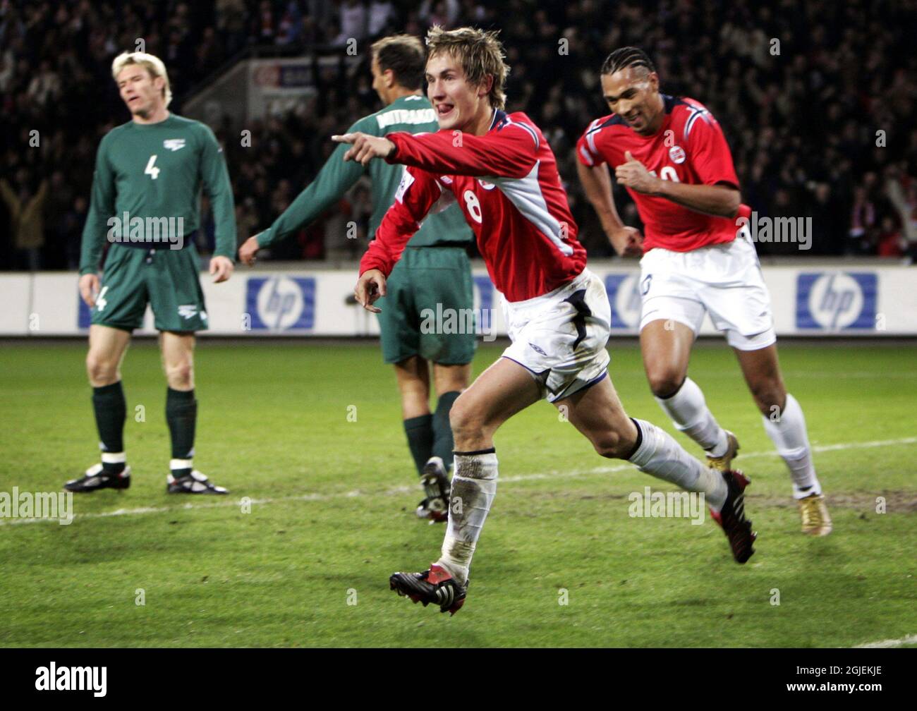Norway's Morten Gamst Pedersen celebrates scoring against Slovenia ...