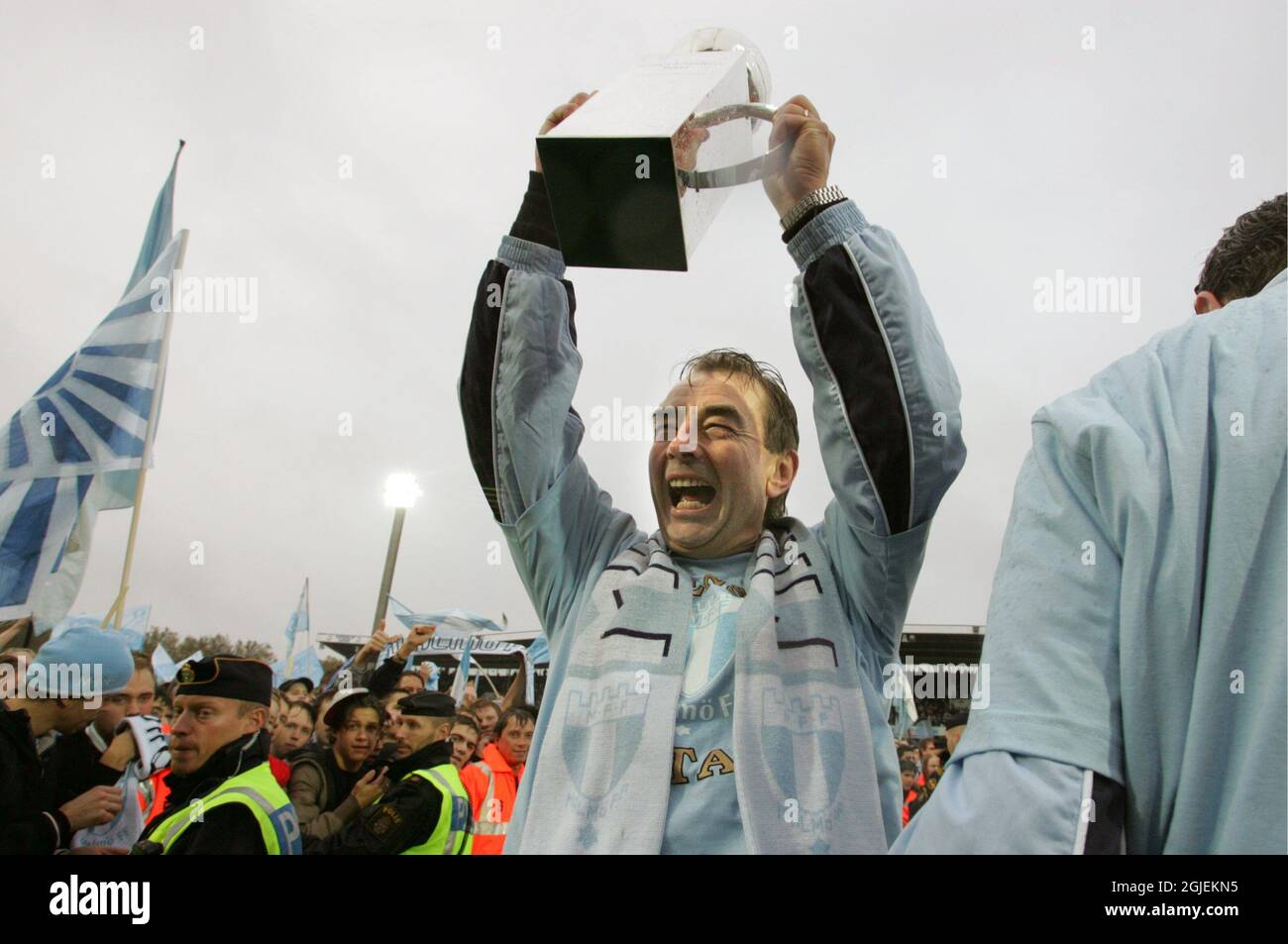 Malmo coach Tom Prahl holds aloft the Swedish Championship trophy after ...