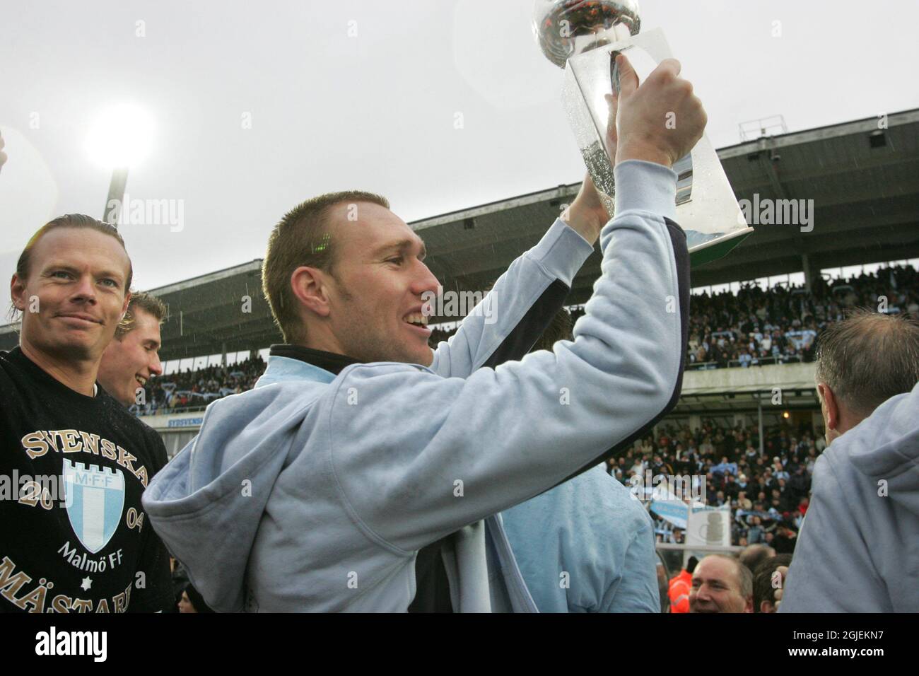 Malmo's Niklas Skoog holds aloft the Swedish Championship trophy ...