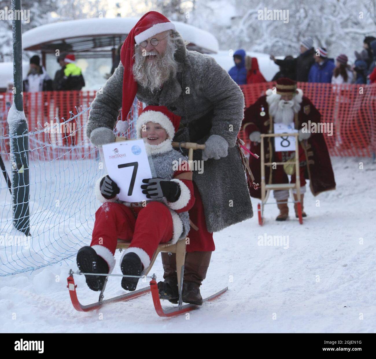 The Swedish Santa Claus competes in the kick sled during the Santa ...