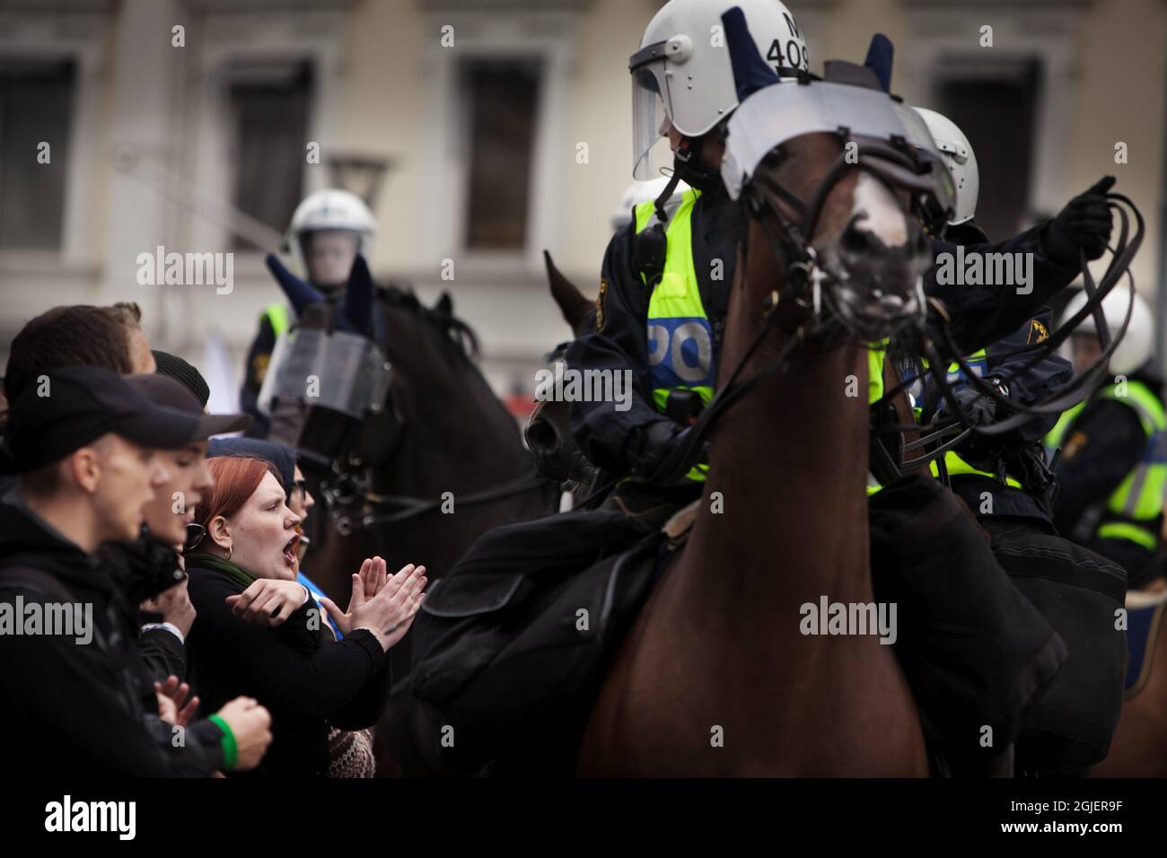 Riots during an election meeting of the right wing Sverige Demokraterna ...