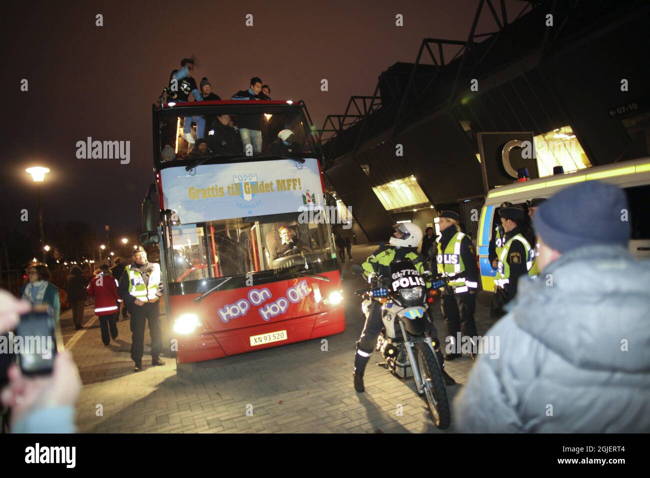 Malmo FF celebrate with the Swedish soccer league trophy during a ...