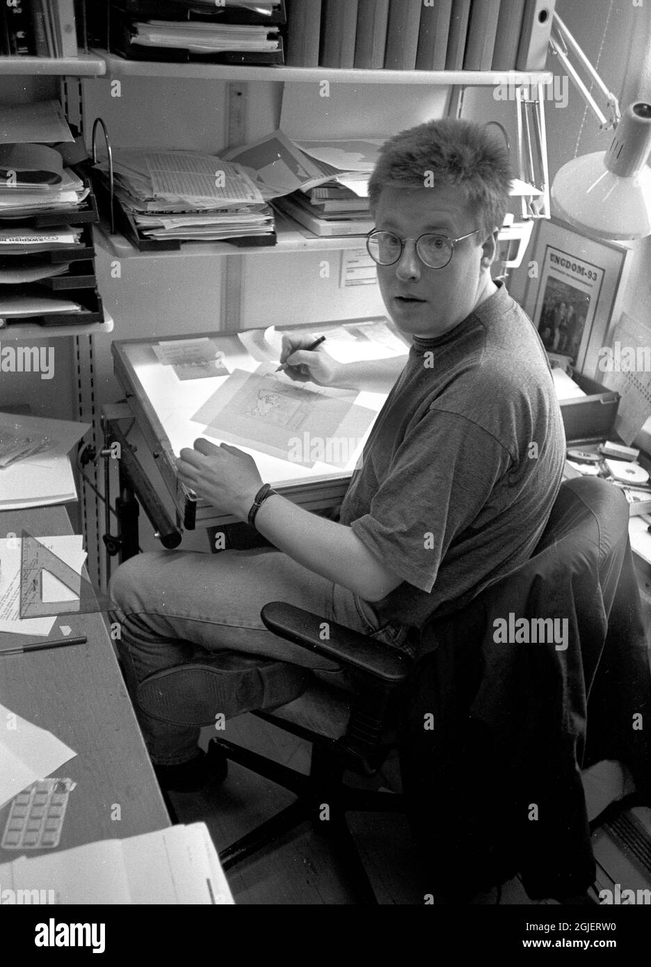 Swedish crime writer Stieg Larsson is seen at work as a news graphic ...