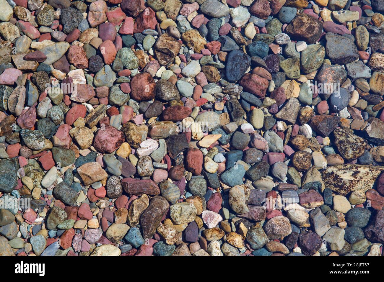 Red pebbles in lake pattern Glacier National Park, Montana Stock Photo ...