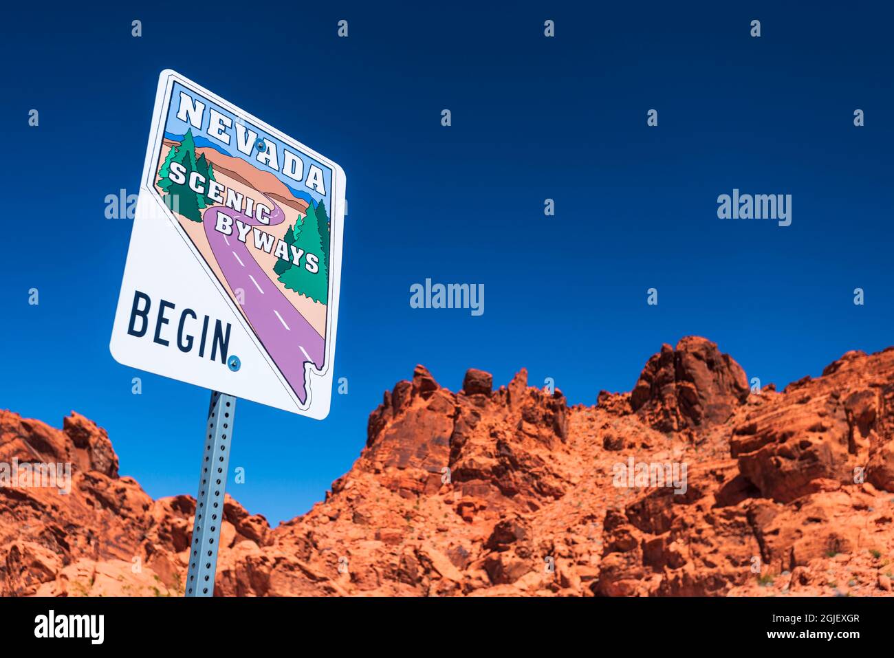 Nevada scenic byway sign, Valley of Fire State Park, Nevada, USA Stock ...