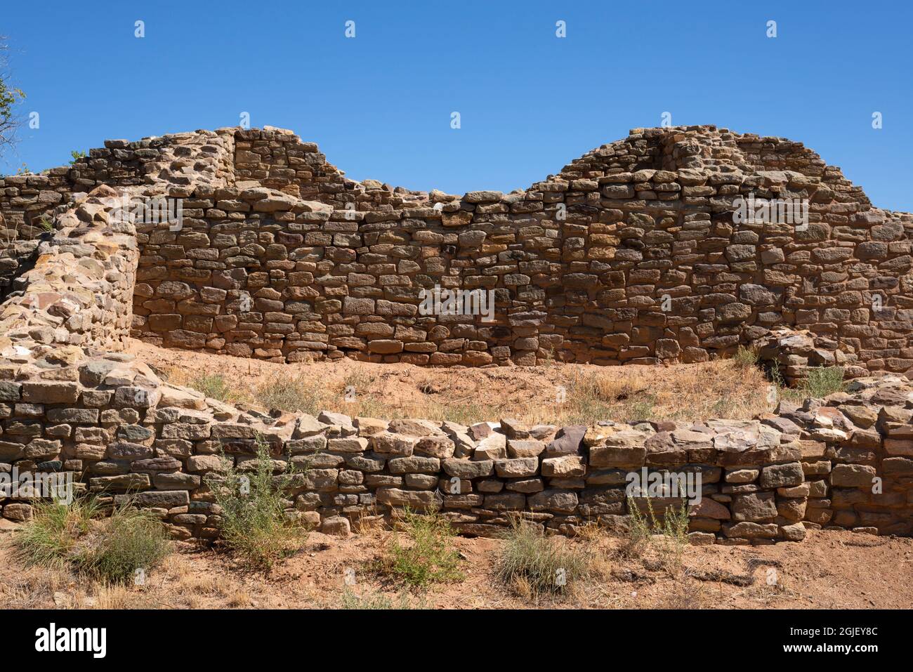 USA, New Mexico. Aztec Ruins National Monument, Stonewall masonry ...