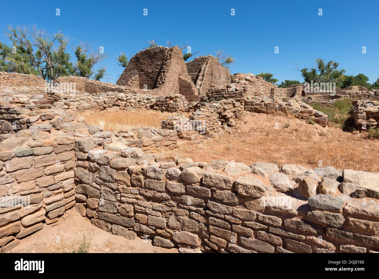 USA, New Mexico. Aztec Ruins National Monument, Stonewall masonry ...