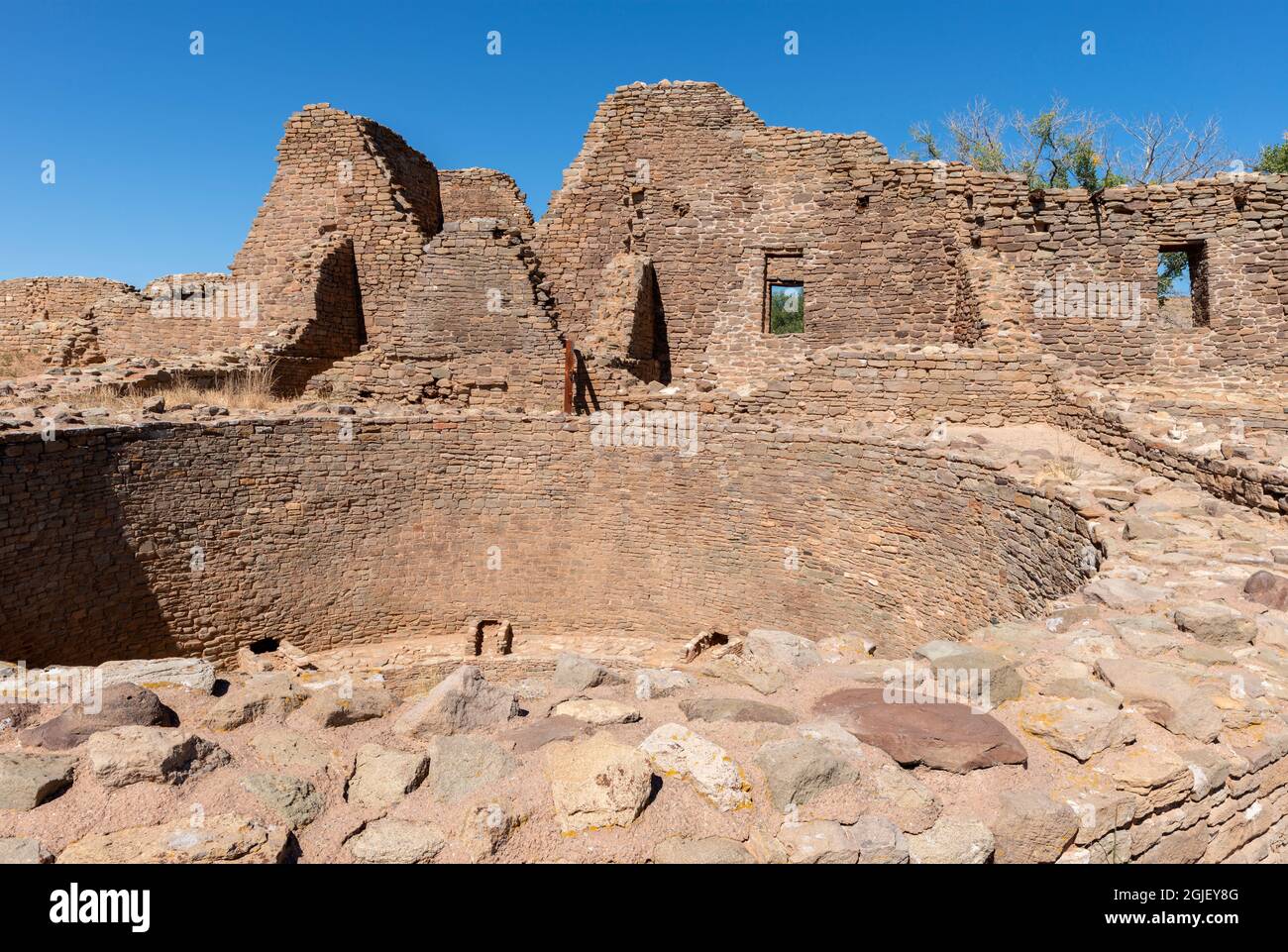 USA, New Mexico. Aztec Ruins National Monument, Kiva and stonewall ...