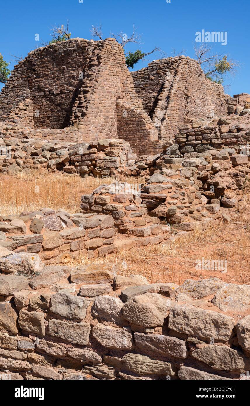 USA, New Mexico. Aztec Ruins National Monument, Stonewall masonry ...