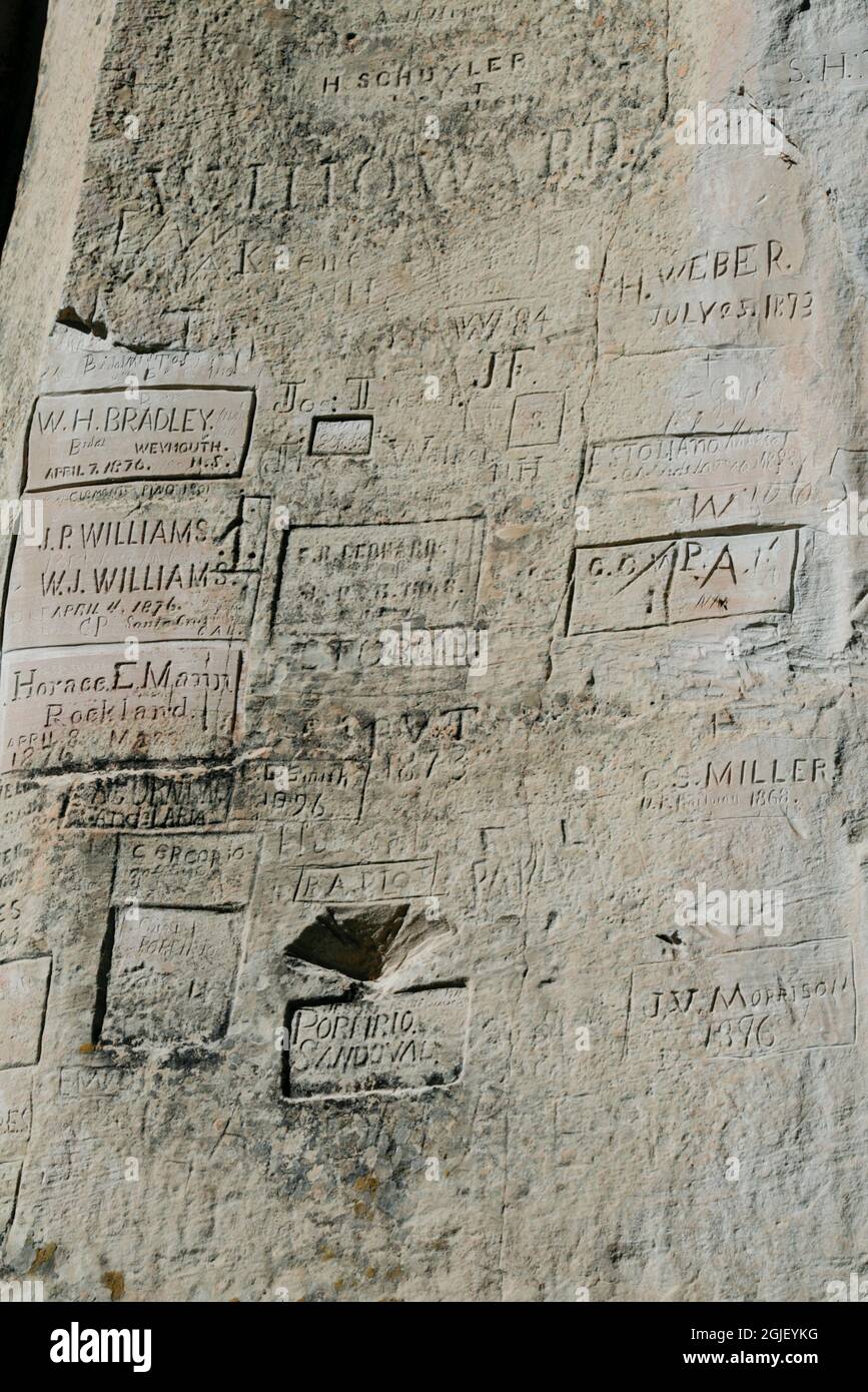 Old inscriptions on inscription rock at El Moro National Monument, New ...