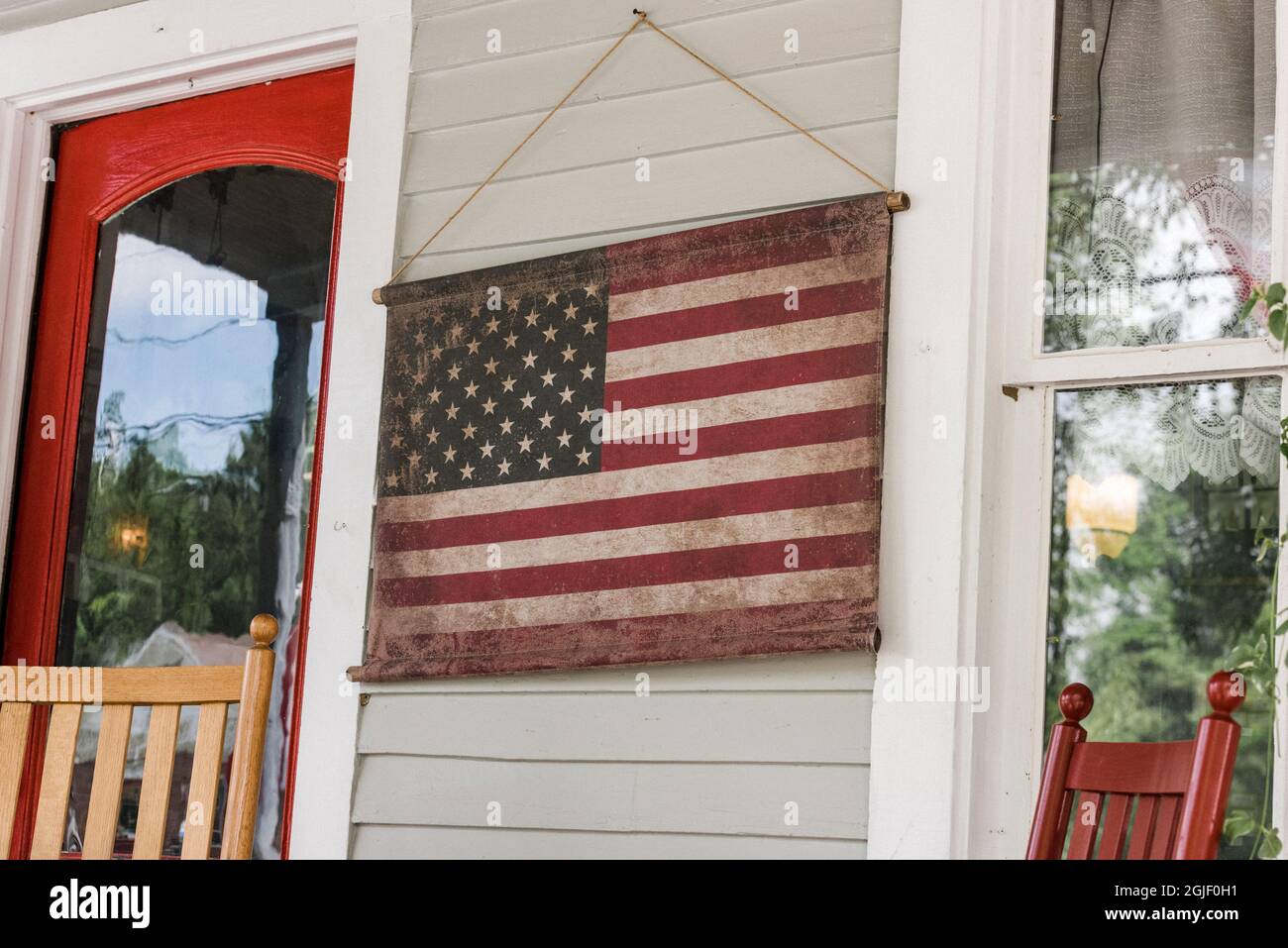 USA, New York State, Adirondack Region. Americana American Flag ...