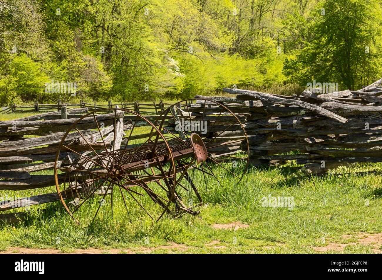 Hay rake and rail fence, Pioneer Homestead, Great Smoky Mountains ...