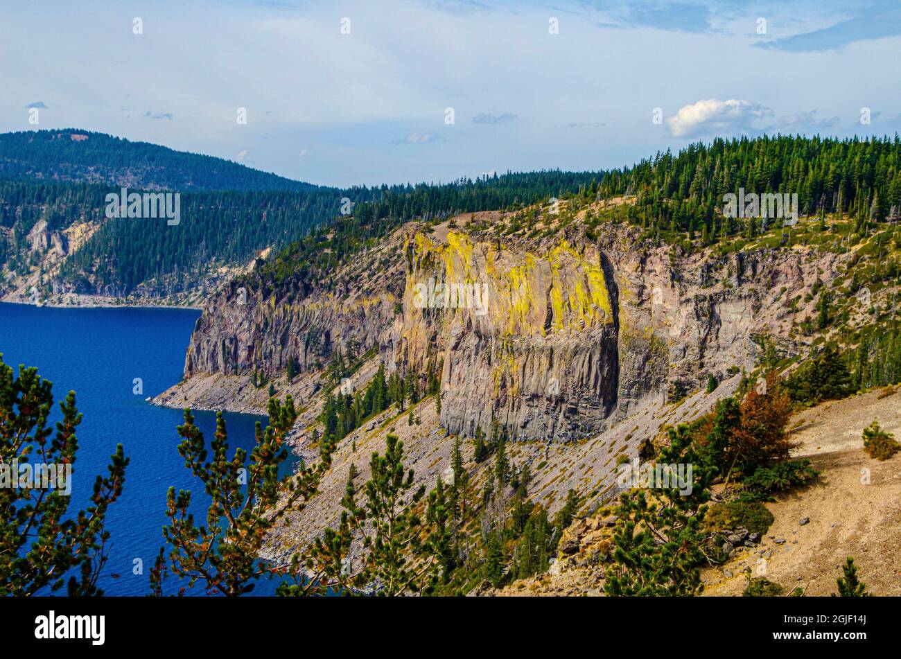 USA, Oregon, Crater Lake National Park, Yellow rock fungus seen from ...
