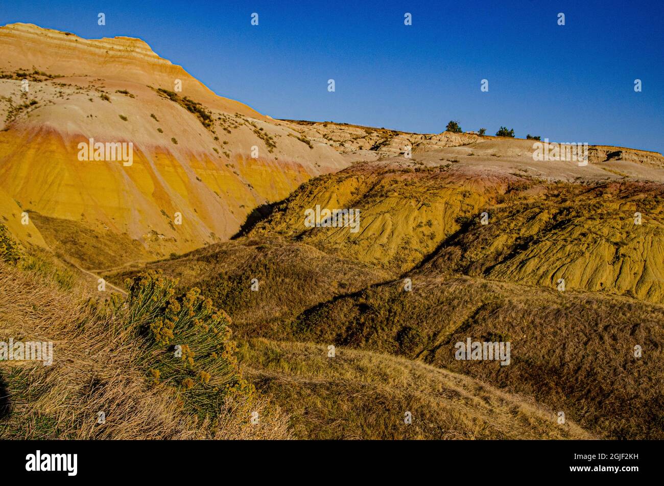 USA, South Dakota, Badlands National Park, yellow mounds from overlook ...