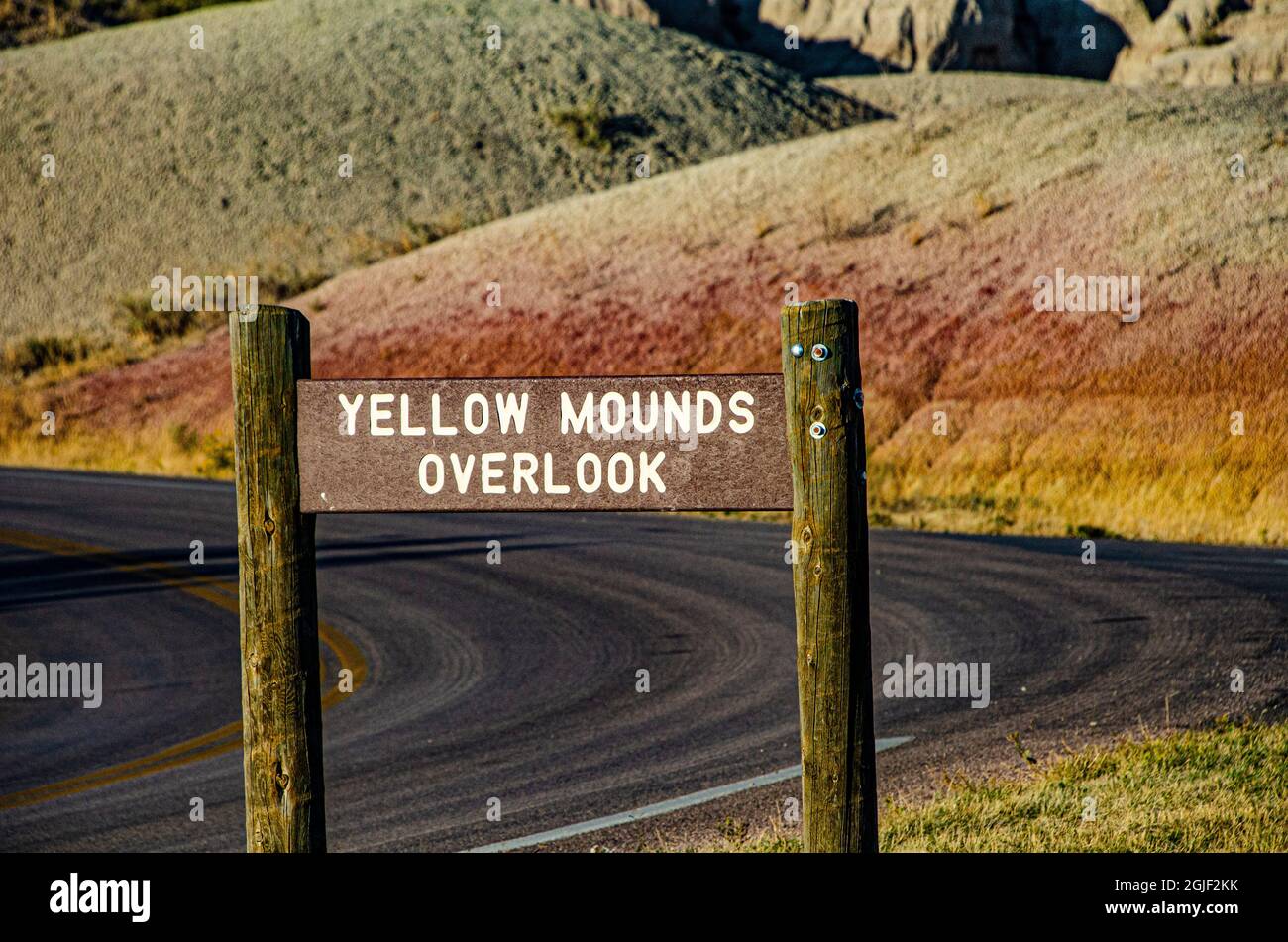 USA, South Dakota, Badlands National Park, yellow mounds from overlook ...