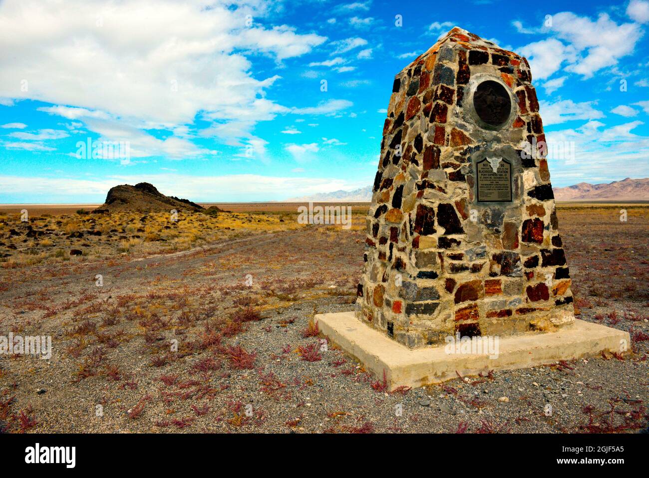 USA, Utah, Pony Express Trail, Black Rock Station, Stone Monument Stock ...