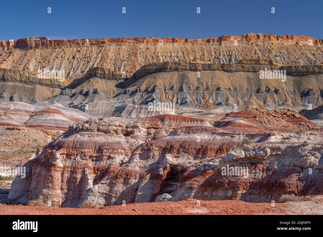 USA, Utah, Wayne County, North Cainevile Mesa, composed of Mancos Shale ...