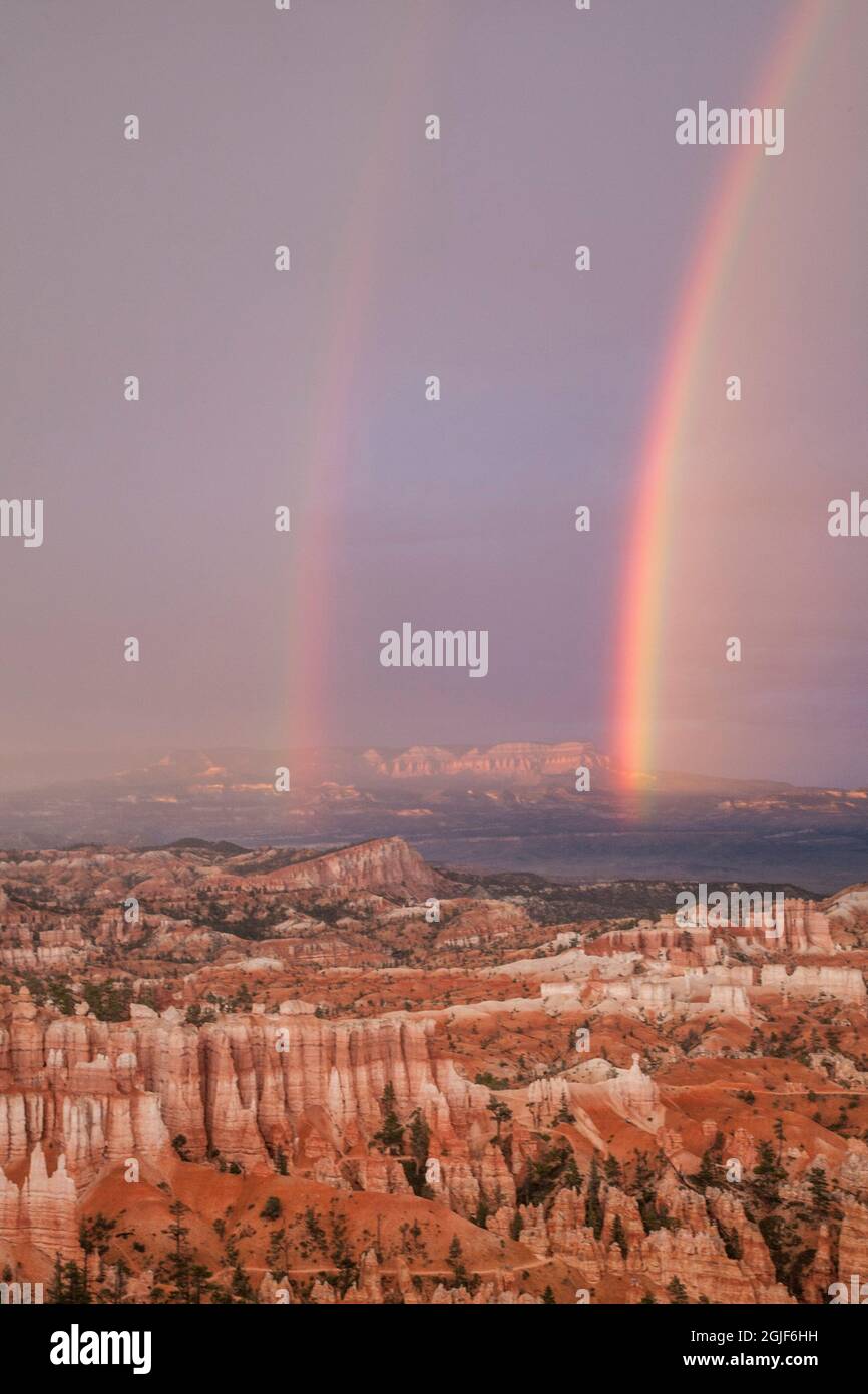 Usa, Utah, Bryce Canyon National Park. Double rainbow and hoodoos at ...
