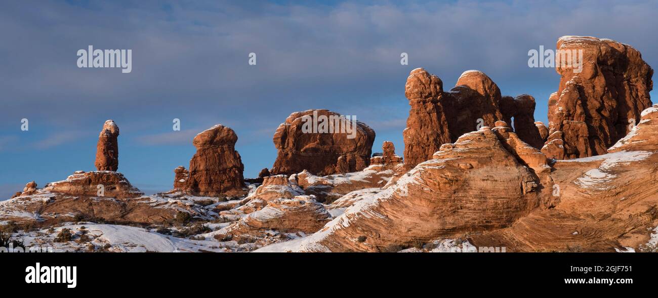 USA, Utah. Panoramic. Spires in the snow, Garden of Eden, Arches ...