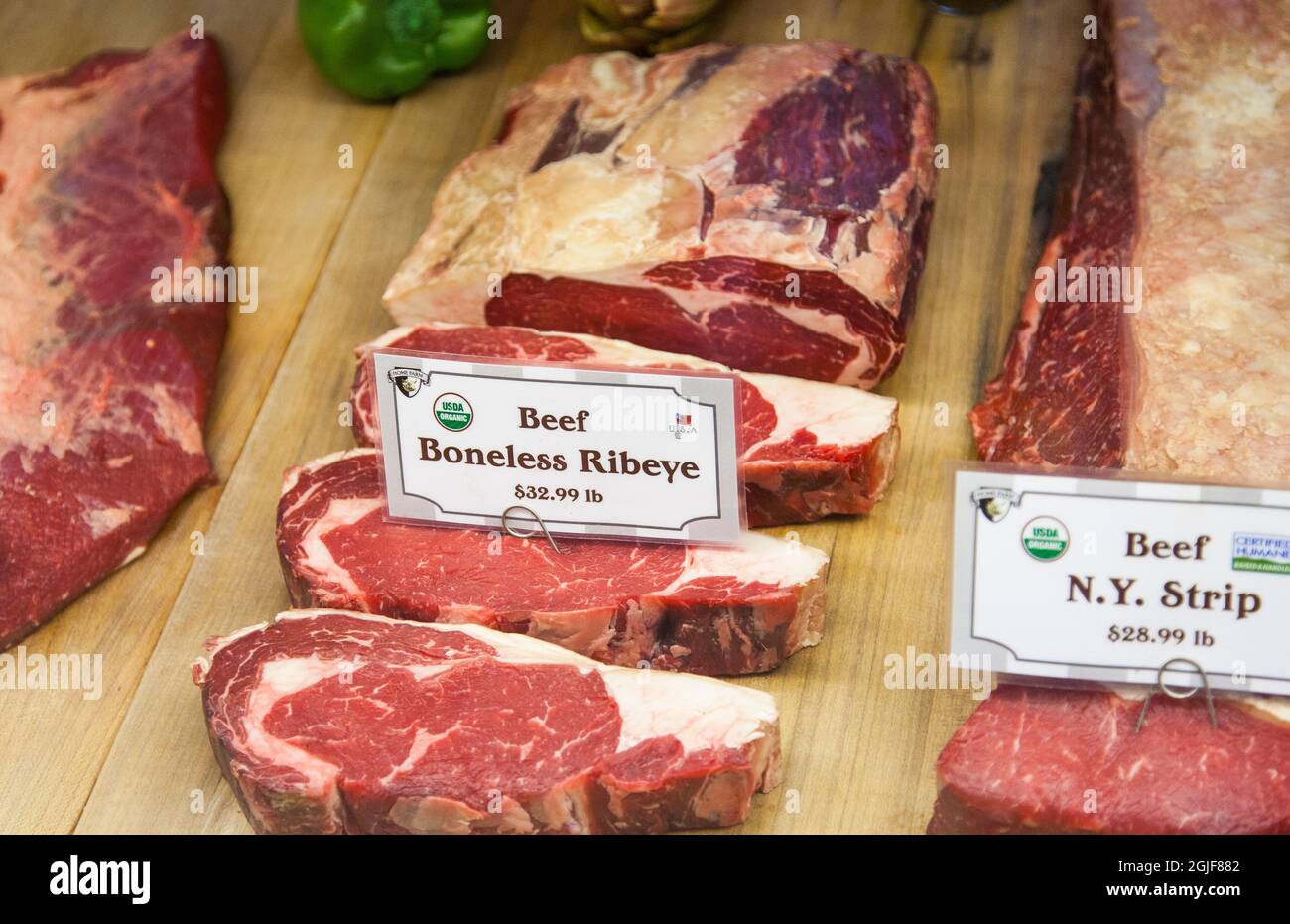 Local butcher shop with raw meat in display case in Middleburg, town in ...