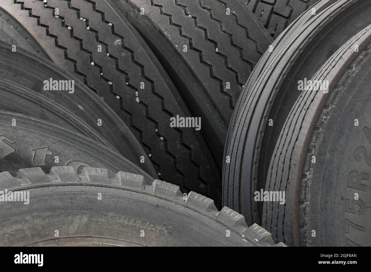 Tread pattern in stack of old used tires, Palouse agricultural region ...
