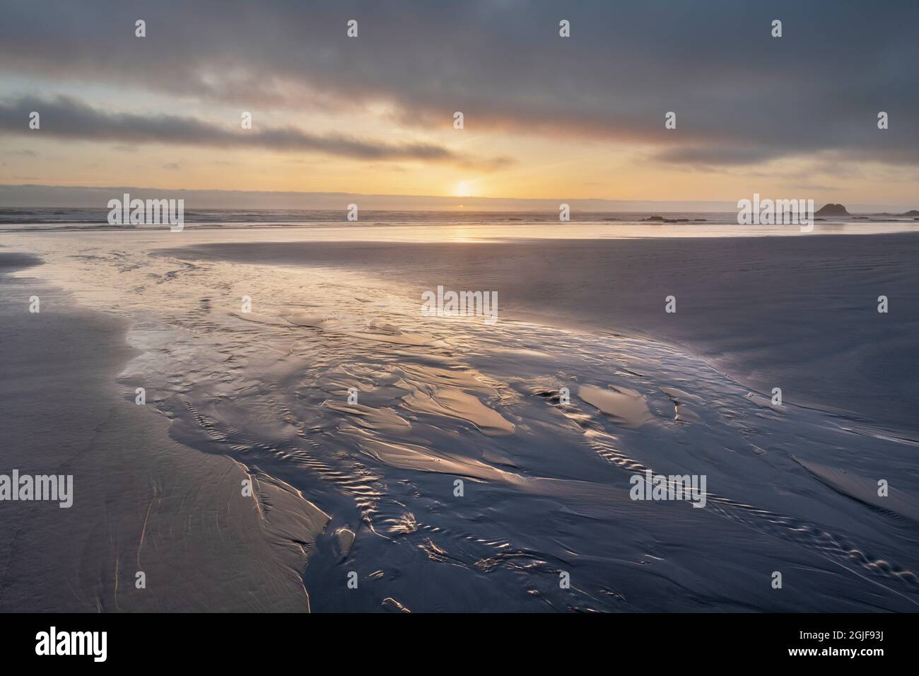 Stream flowing into the Pacific Ocean at sunset, Kalaloch Beach Olympic ...