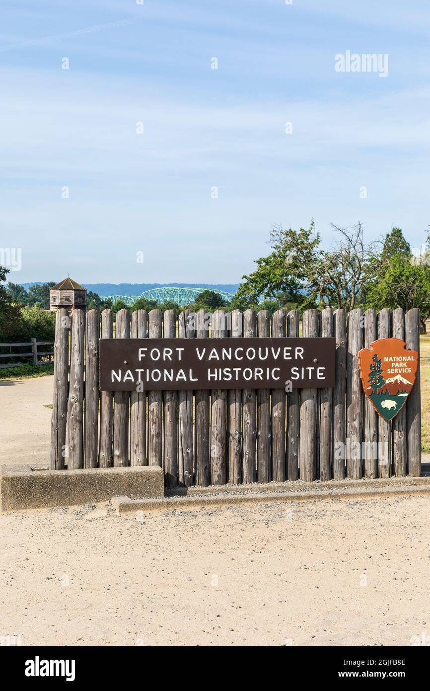 USA, Washington State, Fort Vancouver National Historic Site. Entrance ...